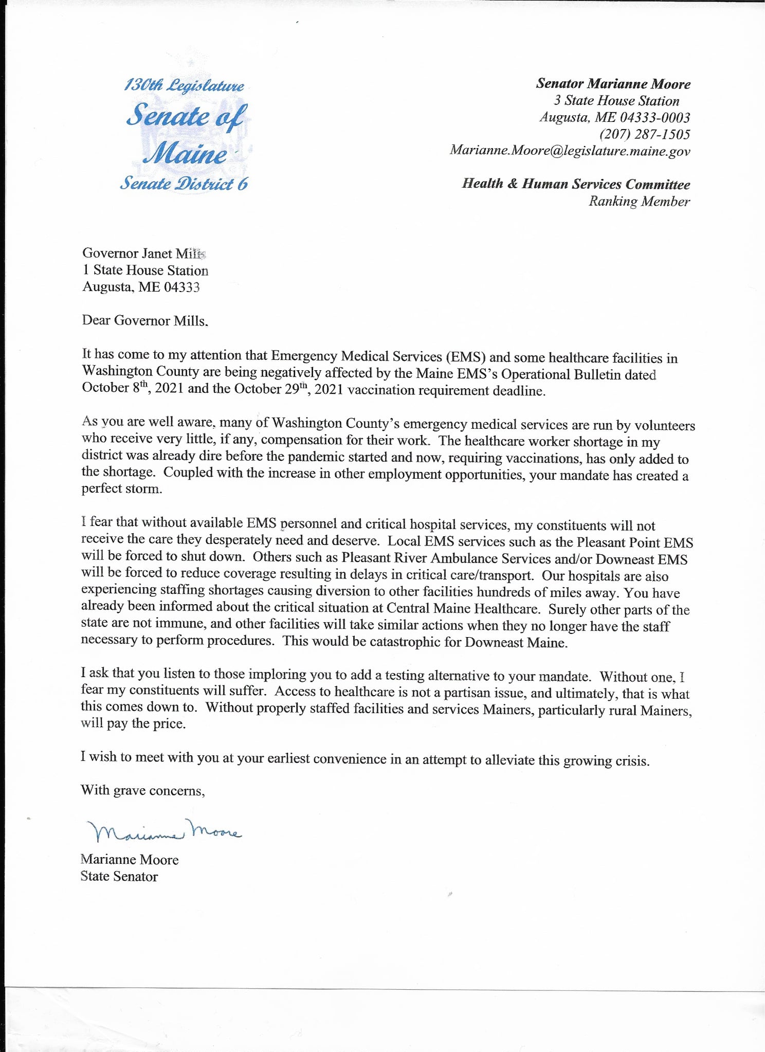 Senator Marianne Moore’s Letter to Governor Mills Addressing the ...