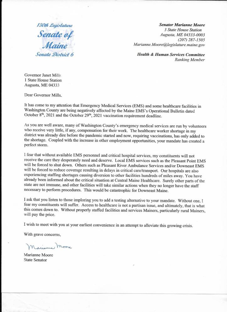 Senator Marianne Moore’s Letter to Governor Mills Addressing the ...
